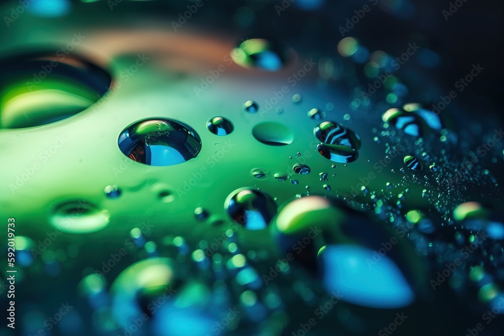 a close up view of water droplets on a green surface with blue and ...