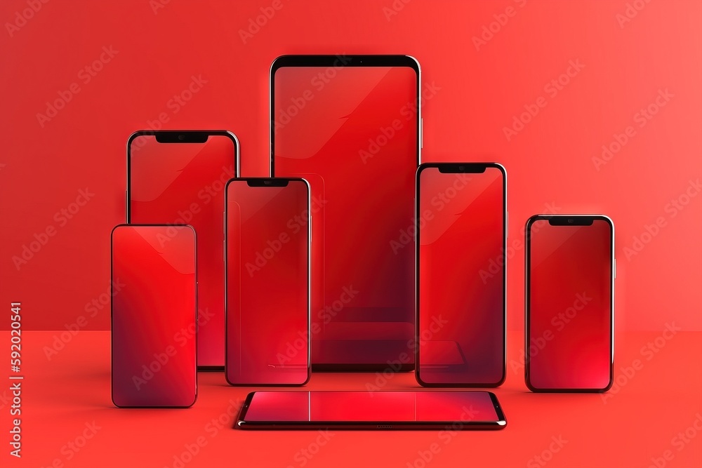 a group of red cell phones sitting next to each other on a red surface ...