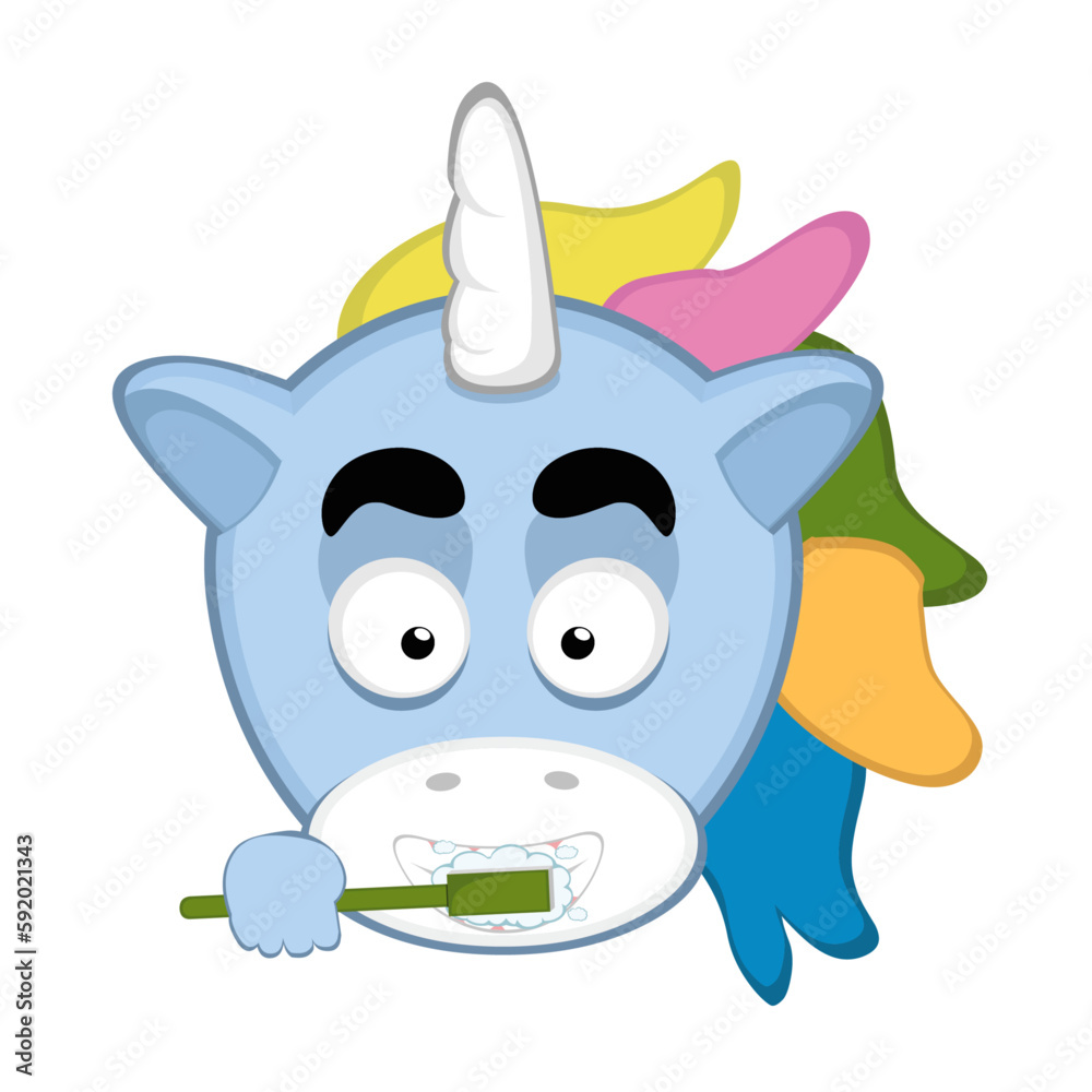 vector illustration cartoon unicorn face brushing teeth with toothbrush ...