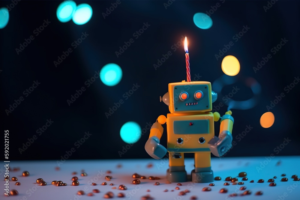 Cute robot with a birthday candle on a blue background. Toy ...