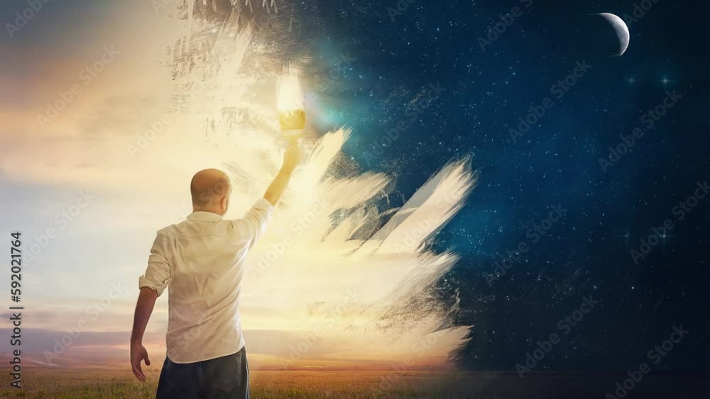 Man Brush Painting A Sunrise Sky Over A Starry Moonlight Night 4K ...