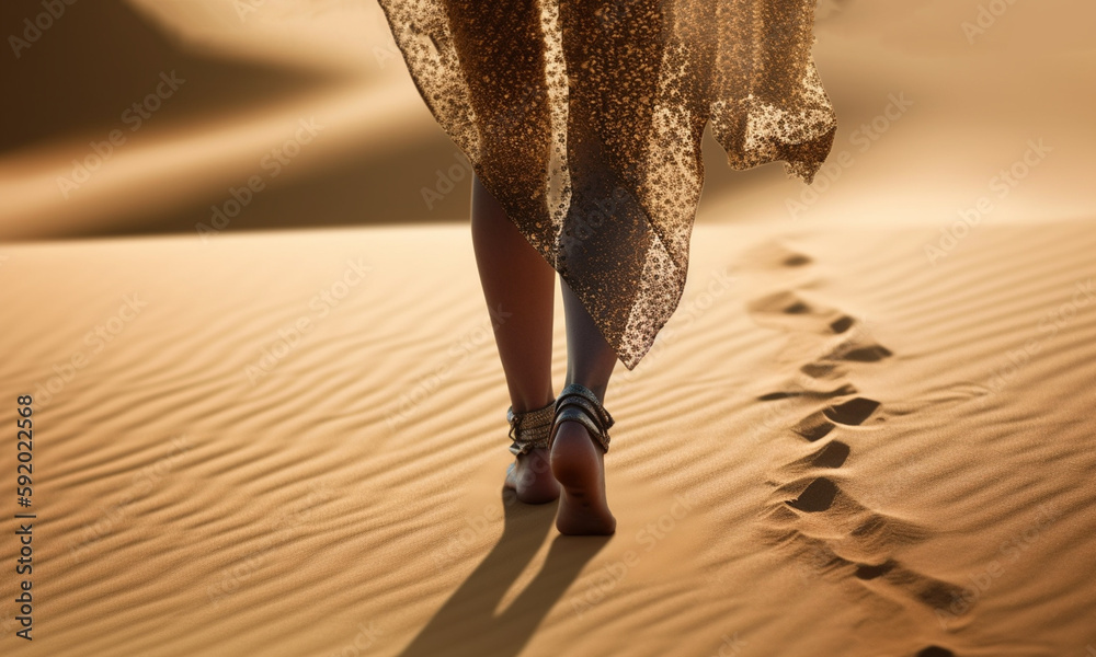 Beautiful women walking the desert during sunset, with bare feet and ...