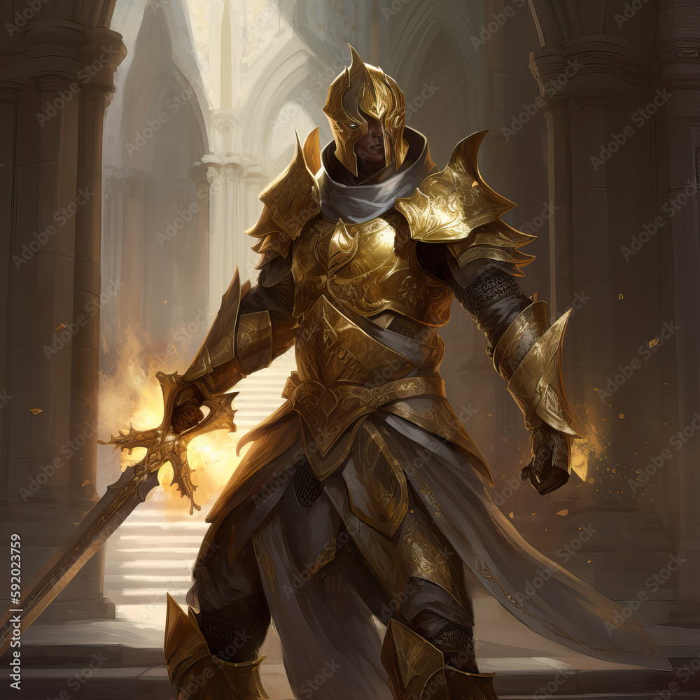 Shining Human Paladin in Golden Armor and Arms Generative AI Stock ...