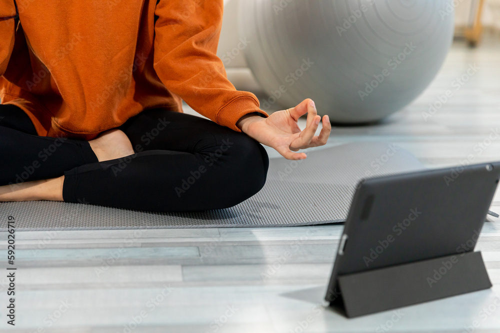 Yoga mindfulness meditation. Woman hands in chin mudra gesture. African ...