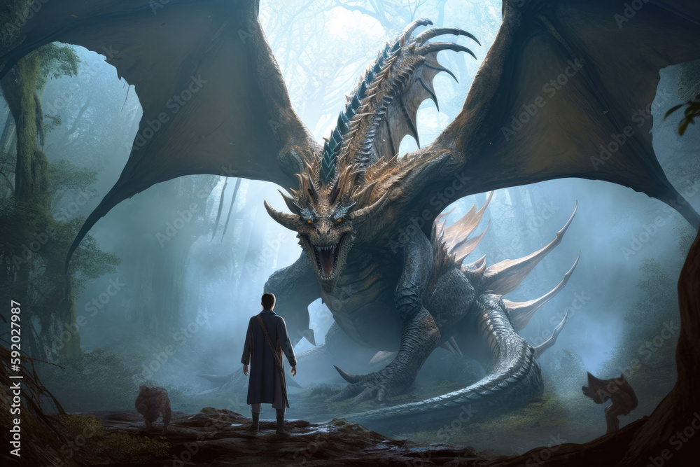 Man stands in front of huge dragon. Legend of battle between brave ...