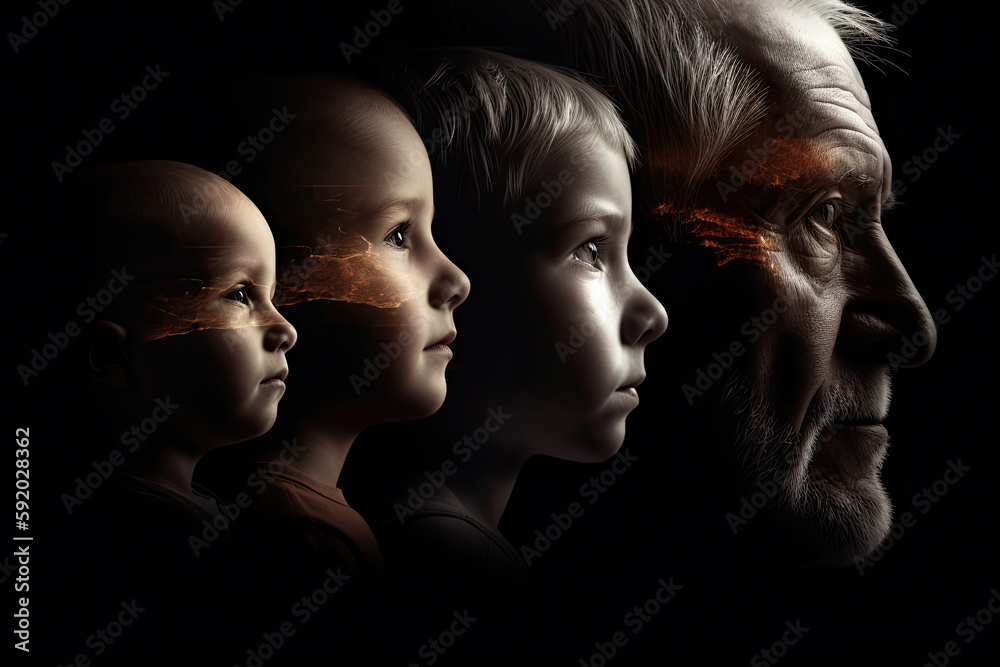 Different generations of family stand together against dark abstract ...