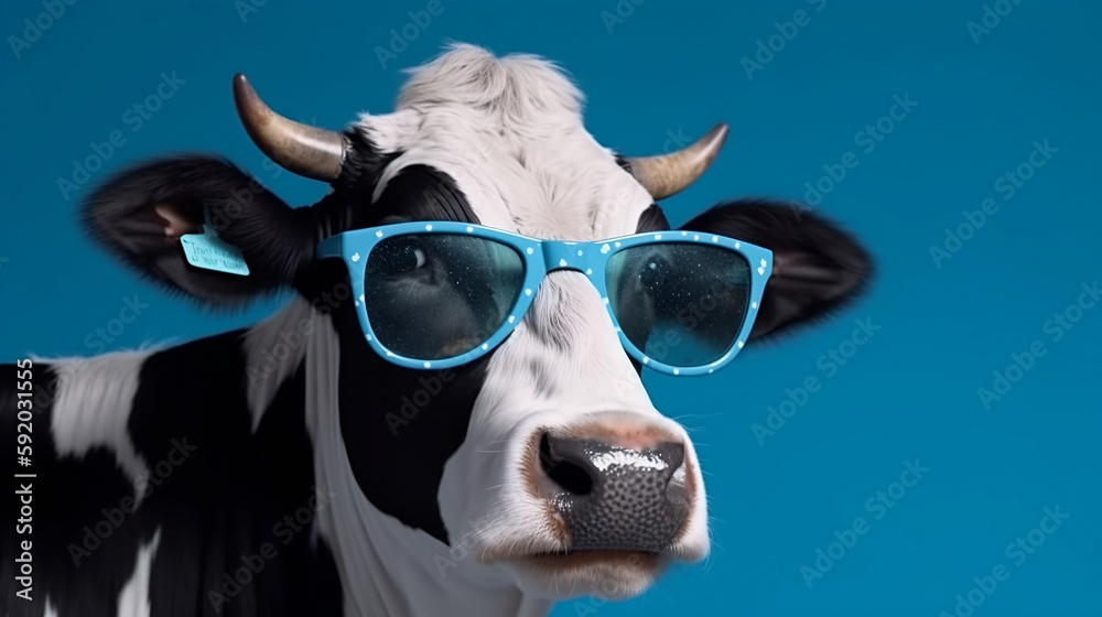 Funny cow with sunglasses in front of blue studio background, concept ...