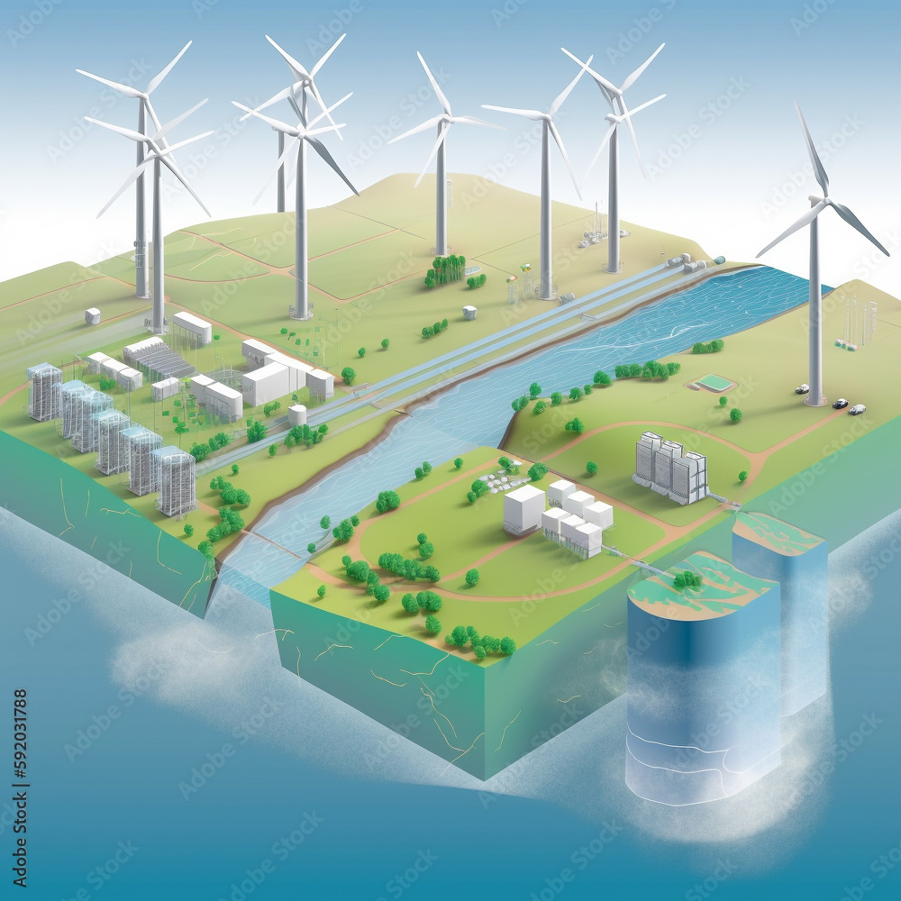 environmental green technologies with wind generators, electricity grid ...