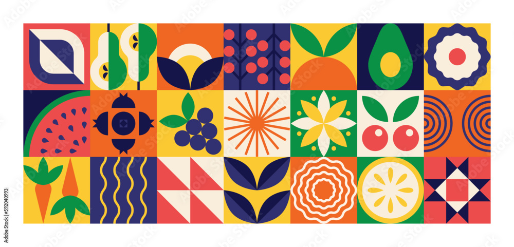 Geometric food pattern. Abstract minimal floral banner, natural organic ...