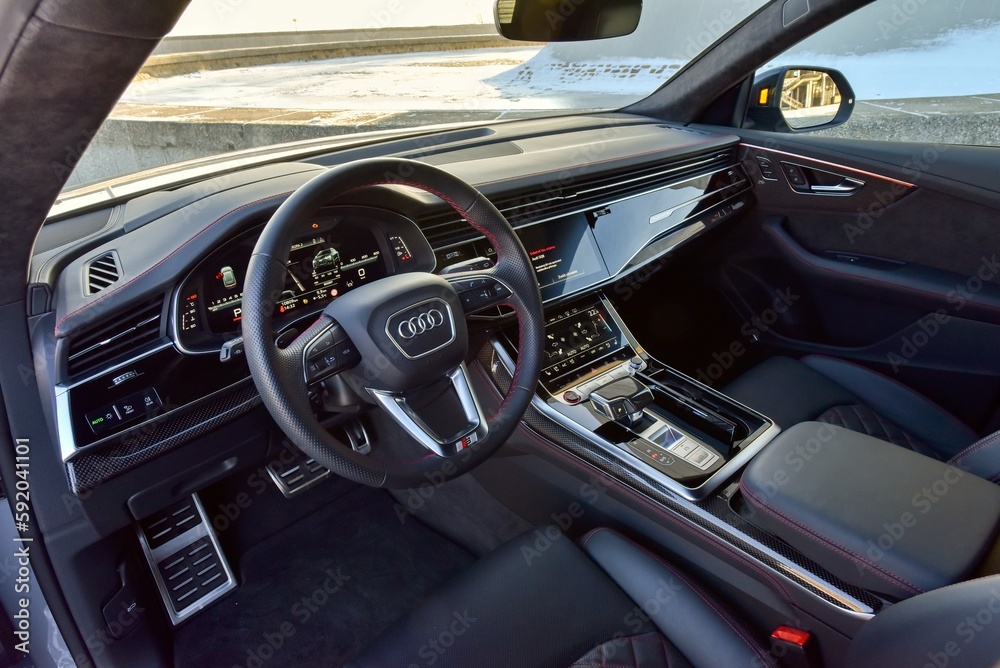 Audi S Q8. A large powerful sports SUV. Cabin interior - dashboard. 12 ...