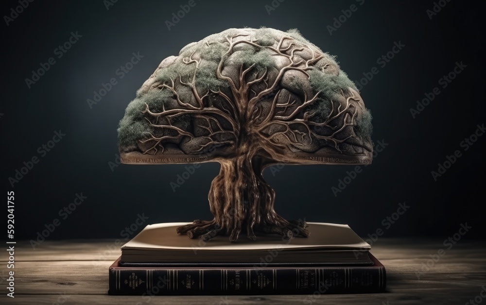 concept of education Stack of books in the library, a tree of knowledge ...