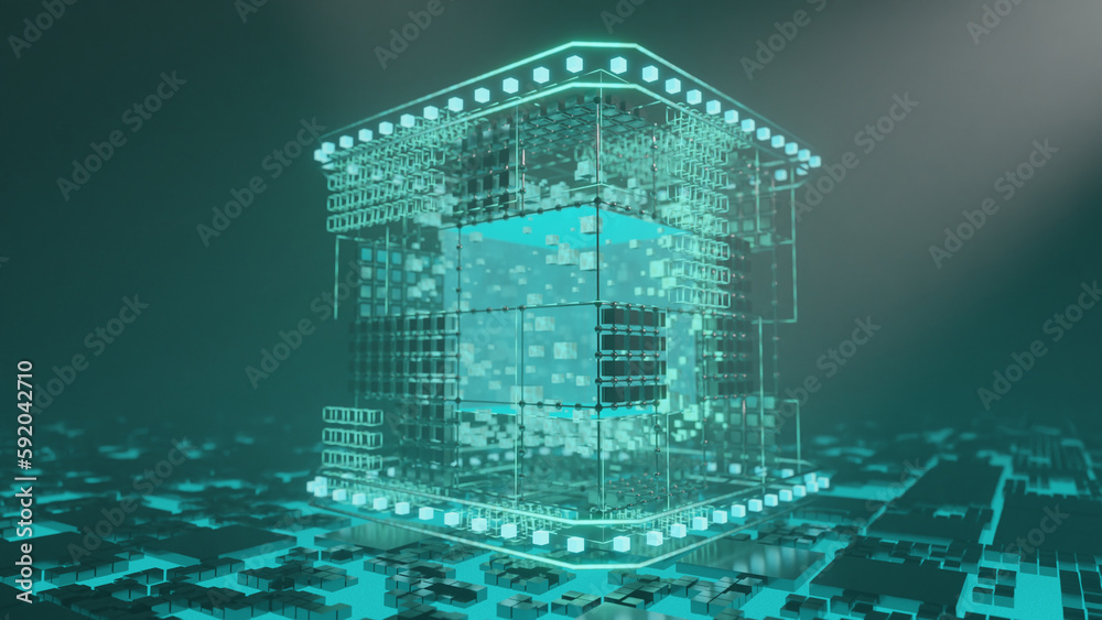 3d rendering of an abstract power plant. A quantum reactor. Glowing ...