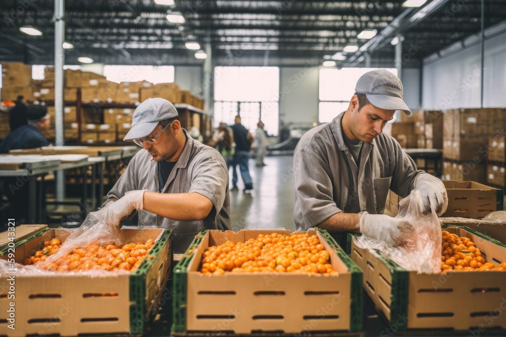 Industrial workers in a food processing plant sorting and packaging ...