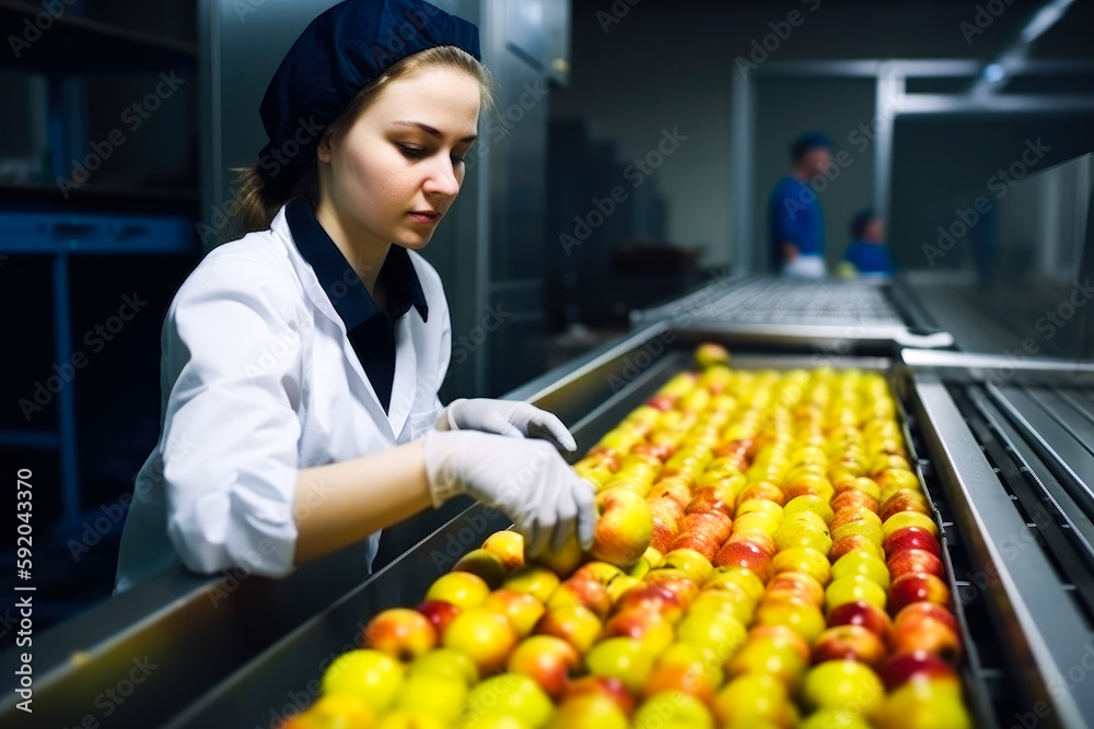 Industrial workers in a food processing plant sorting and packaging ...