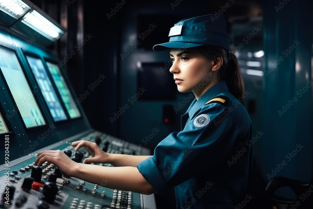 Woman in control center in electric power plant. Control panel ...