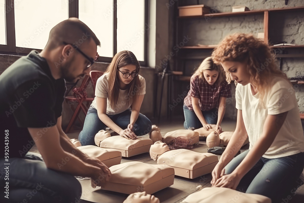Performing chest compression on dummy during cpr training class. Instructors demonstrating CPR ...