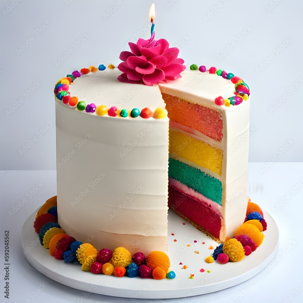 AI-generated illustration. a rainbow birthday cake, with colorful ...