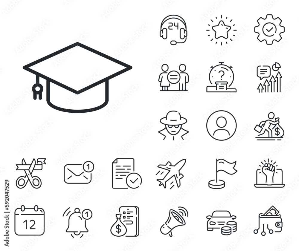 Education sign. Salaryman, gender equality and alert bell outline icons ...