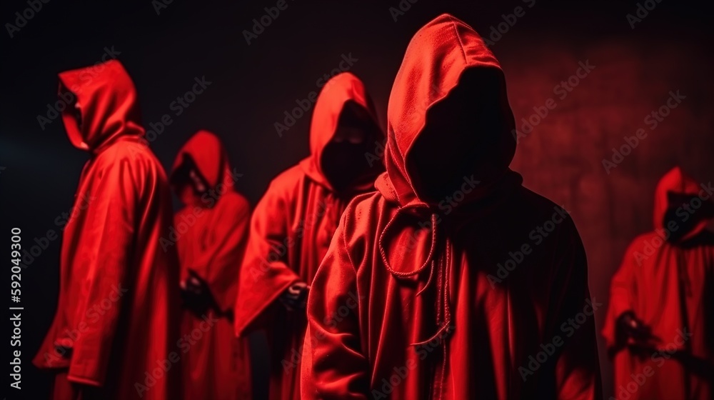 A group of people in red hooded costumes perform a ritual against a ...