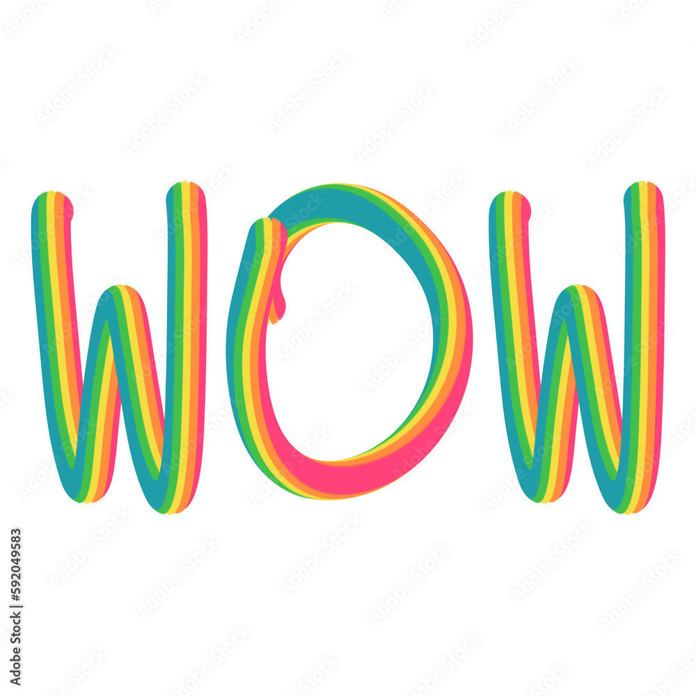 wow word written with 3d rainbow style letting effect on white ...