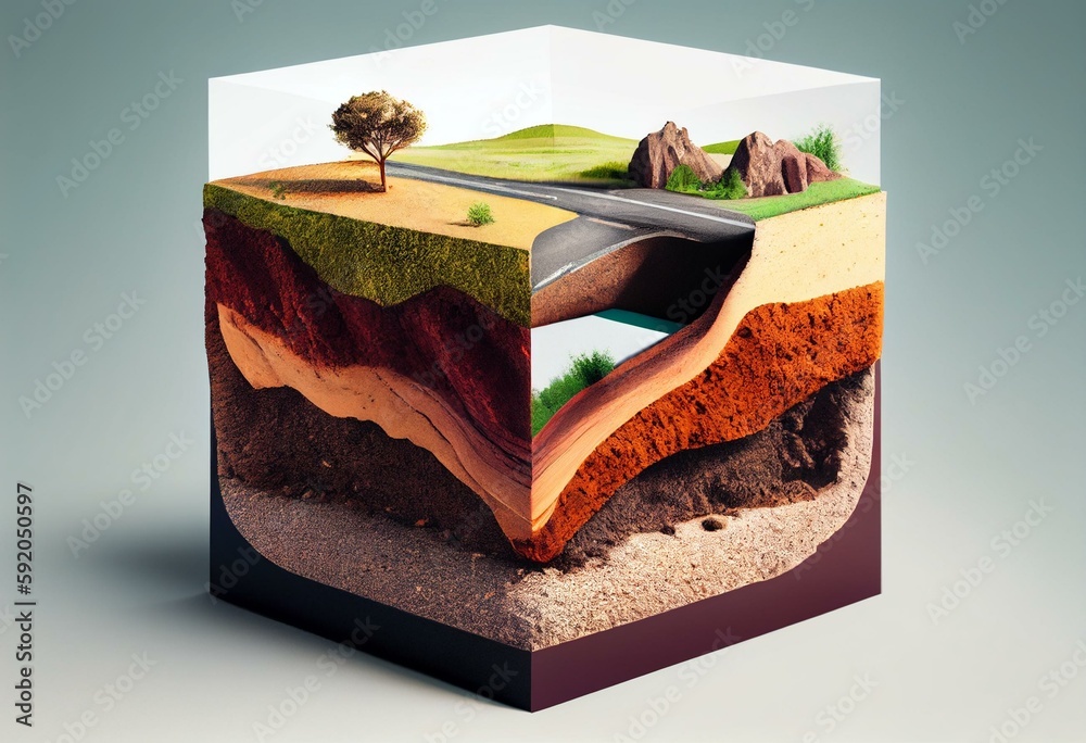 cubical soil land geology cross section with asphalt road, 3D ...