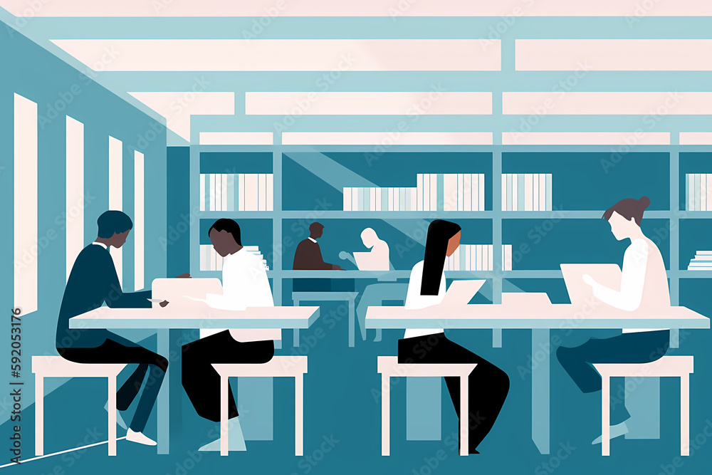 minimalist poster-style artwork featuring a group of students studying ...