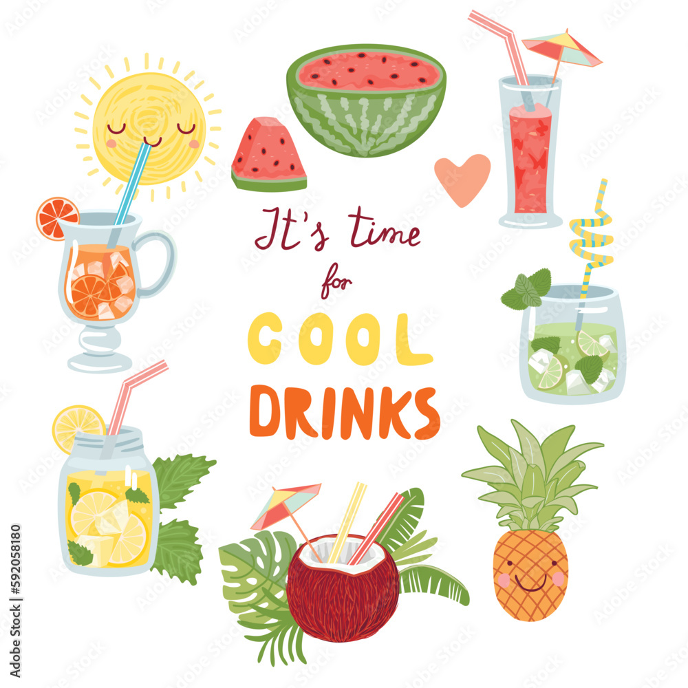 It's time for cold drinks poster with summer beverages set.Lemonade ...
