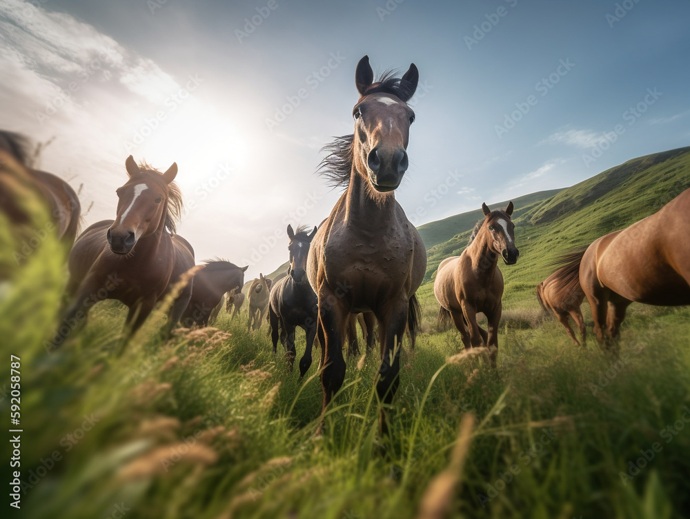 Dynamic photo of a herd of horses running in a field of tall green ...