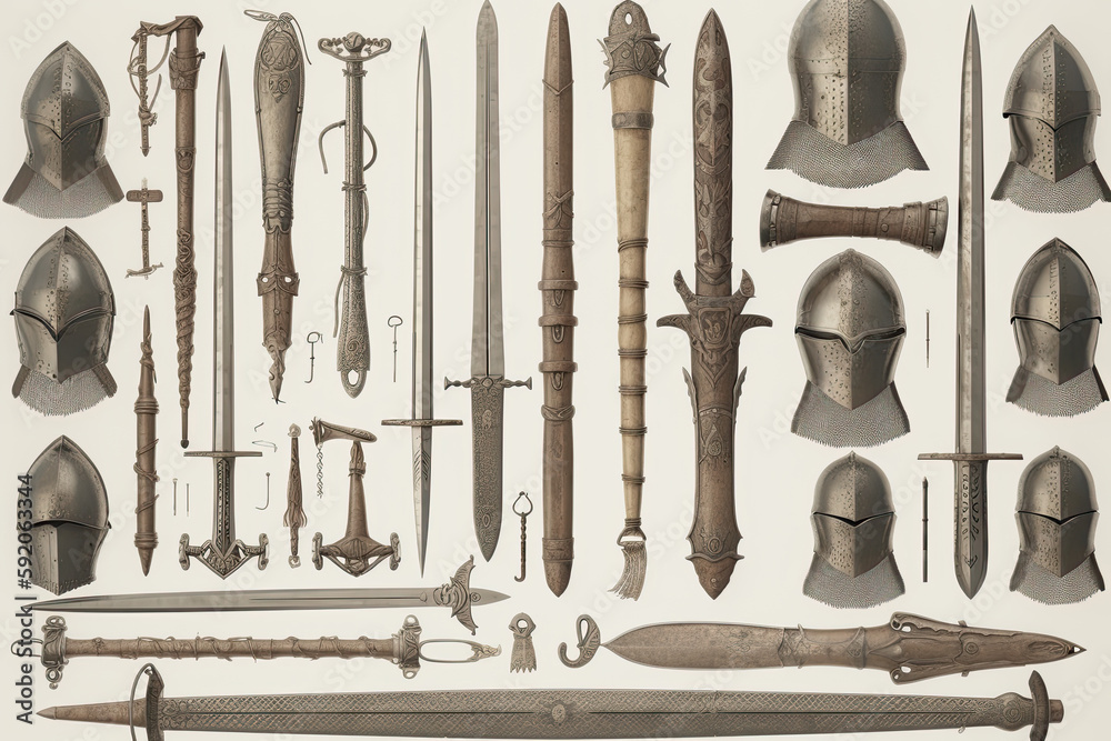 Medieval Weaponry Collection: Isolated Illustrations of Swords, Shields ...