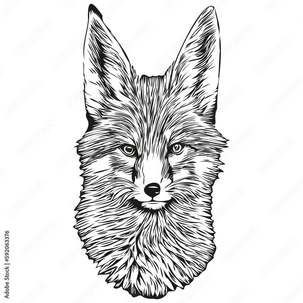 Black and white linear paint draw fox vector illustration fox cub Stock ...