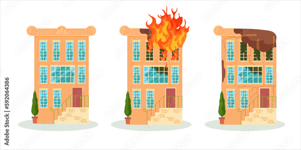 A destroyed building after a fire or an earthquake. Ruined city ...