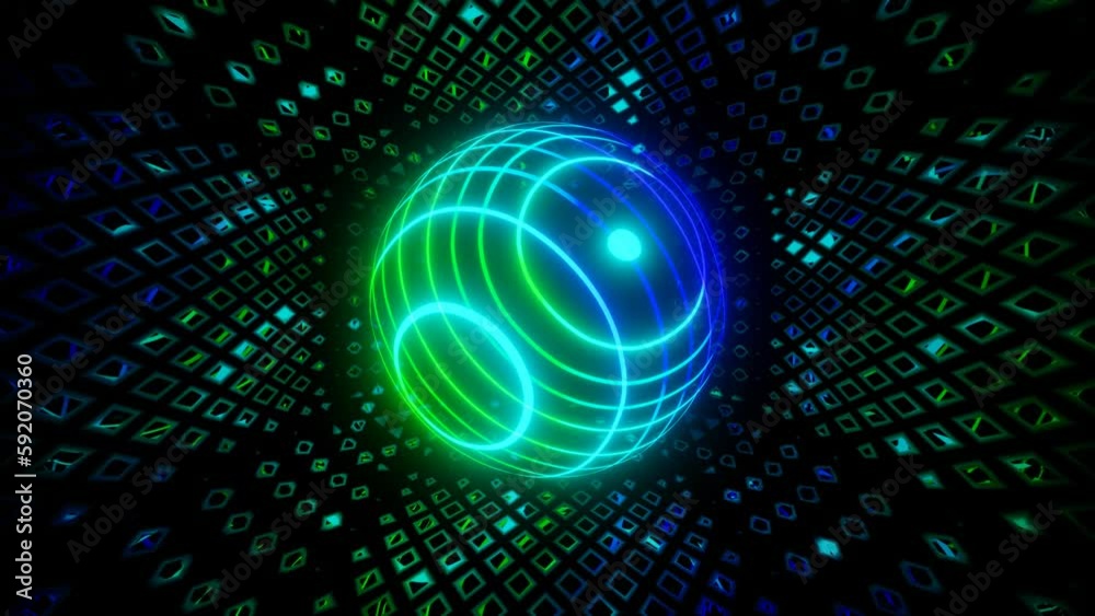 Vj loop mirror room with fly neon lines on sphere. Abstract festive bg ...