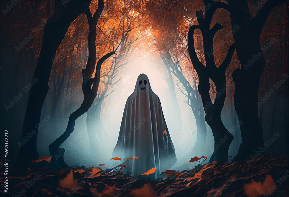 scary halloween background with mysterious phantom in an eerie forest ...