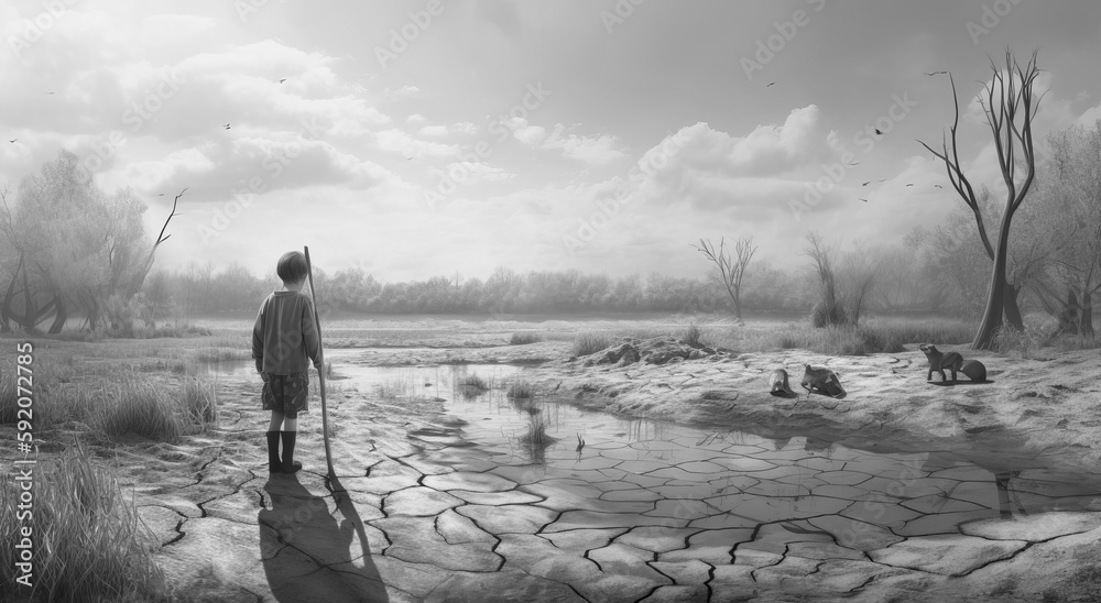 boy looking at a dry lake, in the style of environmental awareness ...