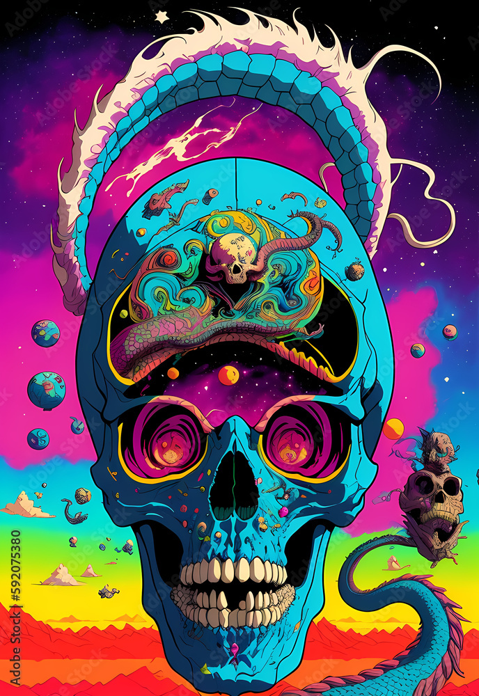 horror illustration of a moster with skullface, fire and clouds ...