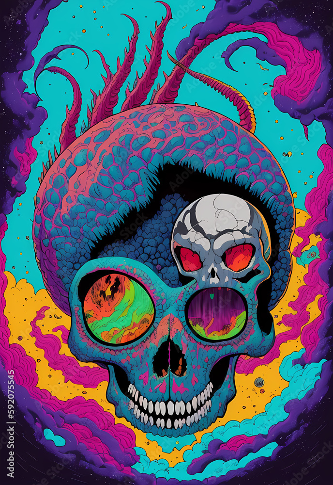 horror illustration of a moster with skullface, fire and clouds ...