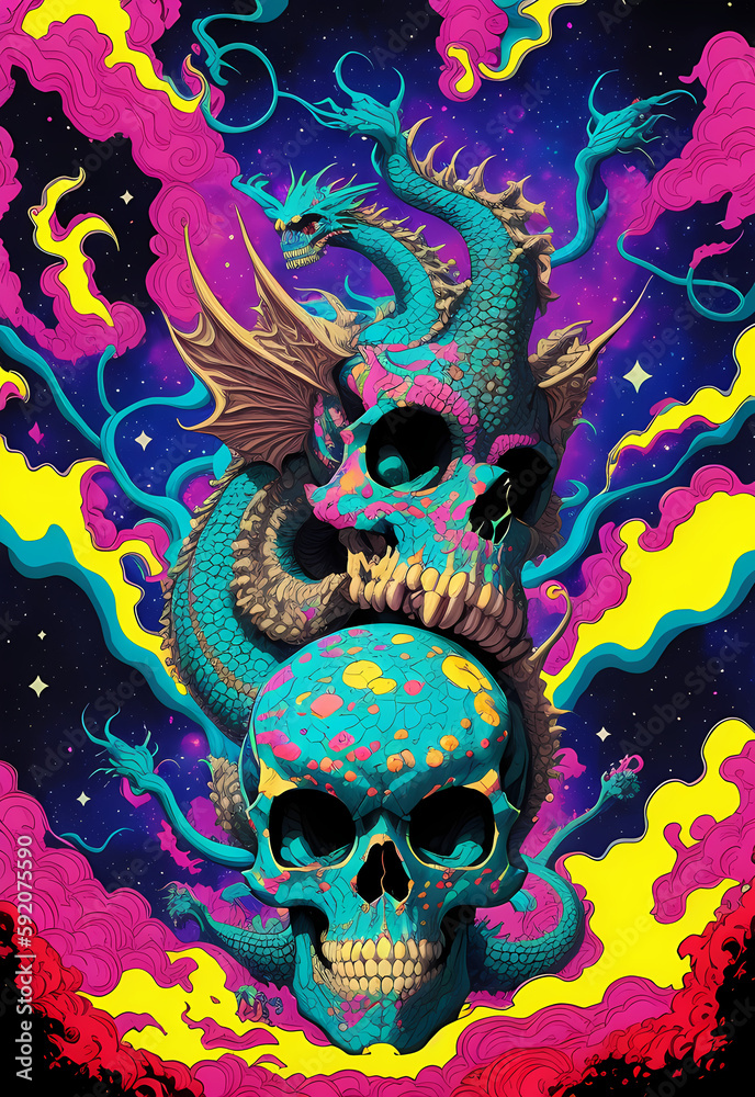 horror illustration of a moster with skullface, fire and clouds ...