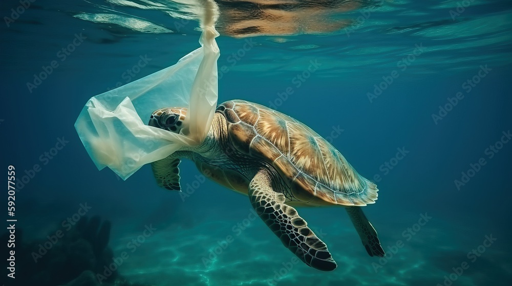 Sea Turtle stuck in plastic bag while swimming underwater in the ocean ...