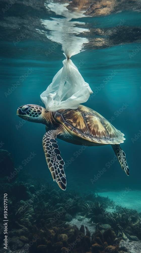 Sea Turtle stuck in plastic bag while swimming underwater in the ocean ...
