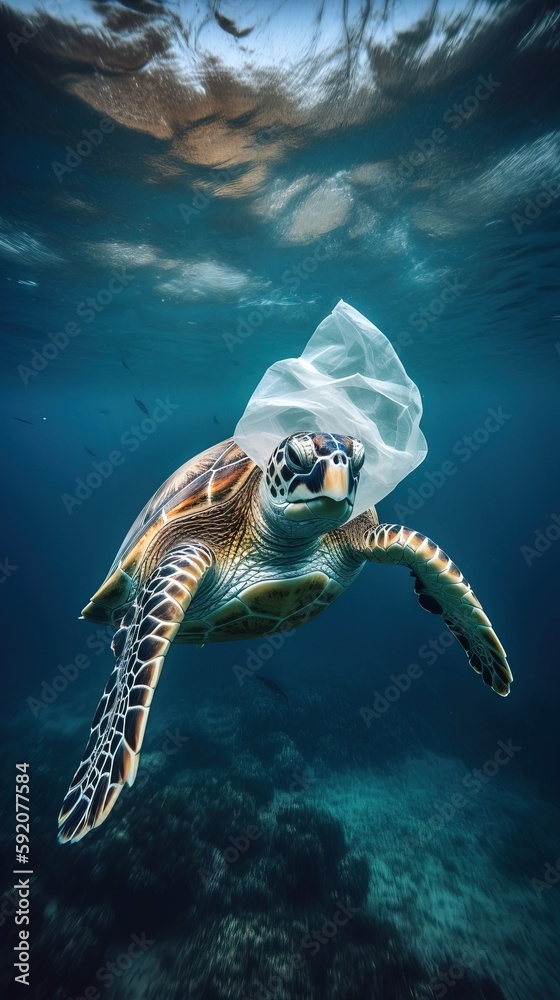 Sea Turtle stuck in plastic bag while swimming underwater in the ocean ...