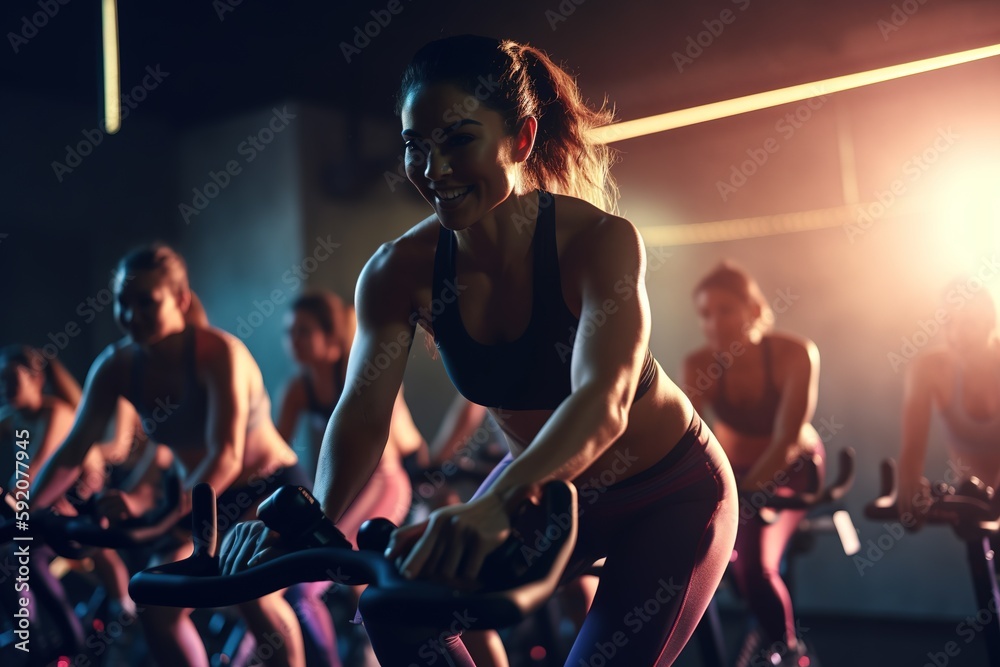 A motivational, group fitness class , featuring participants engaged in ...