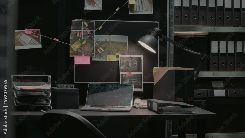 Detective board with clues over desk in police archive, crime scene ...