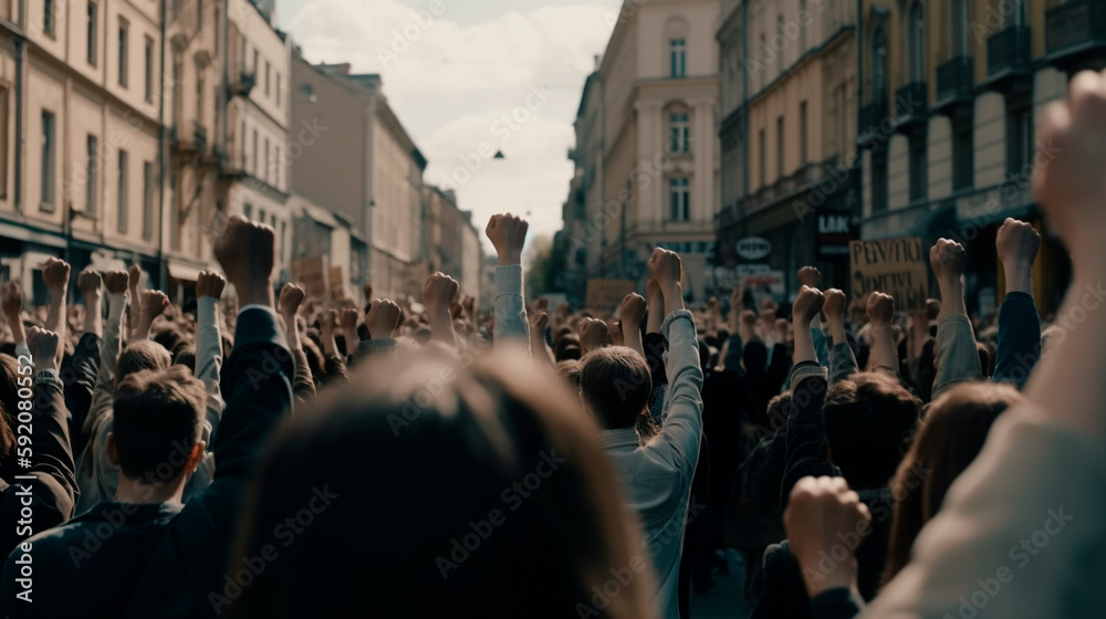 Protesting crowd of people on city street with raised fist rear view ...