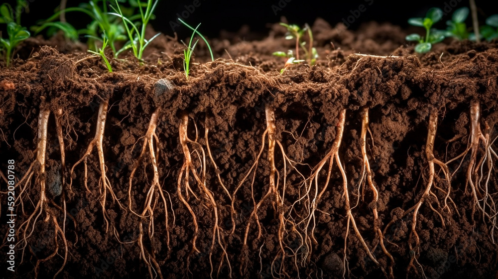 Roots of plant growing underground close up, layers of soil cross ...