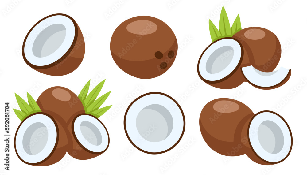 Set of coconut icons isolated on white background. Cartoon style ...