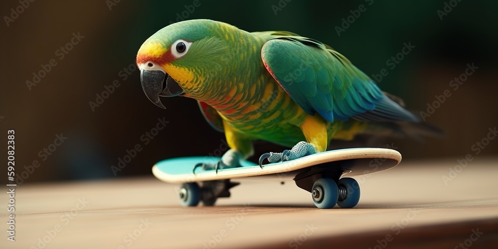 playful parrot sitting on skateboard mimicking its owners tricks and ...