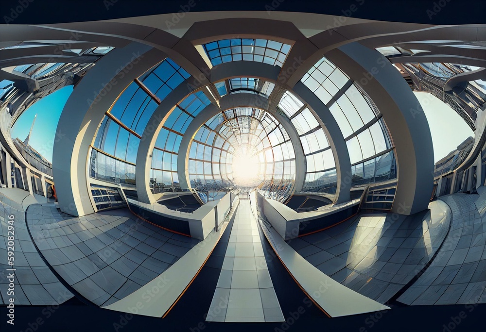 full 360 degree panorama view of bright conrete building hall dome with ...