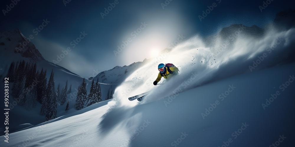 dynamic image of person skiing down snowy mountain with dramatic ...