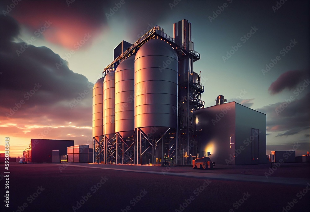 Industrial zone. Manufacture construction with evening sky. Industrial ...