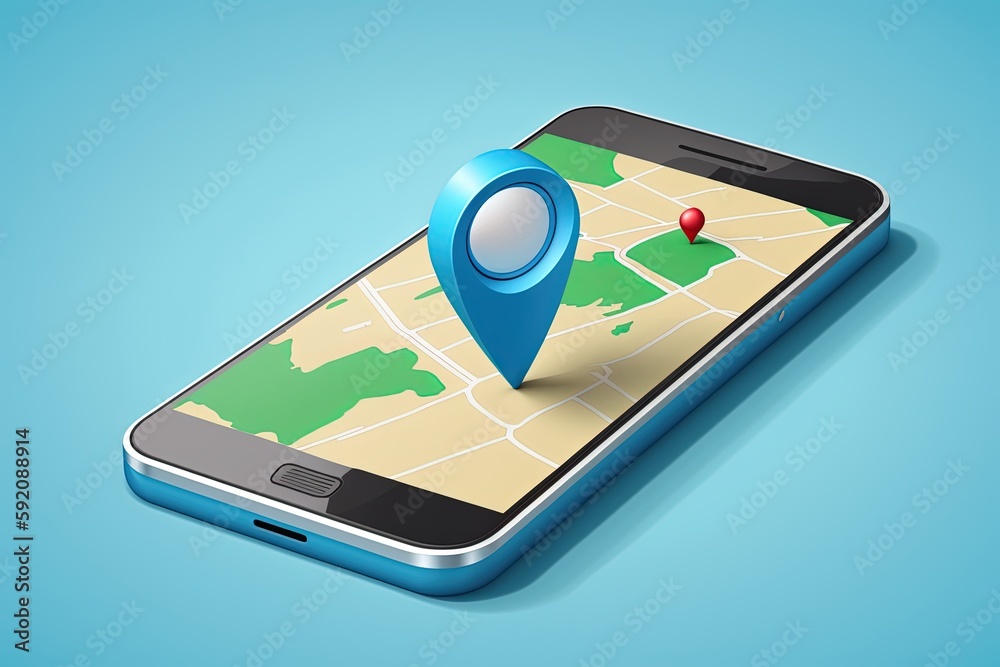 Cell phone with location icon, gps icon on mobile screen, blue ...
